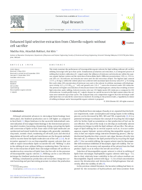 (PDF) Enhanced lipid selective extraction from Chlorella vulgaris without cell sacrifice