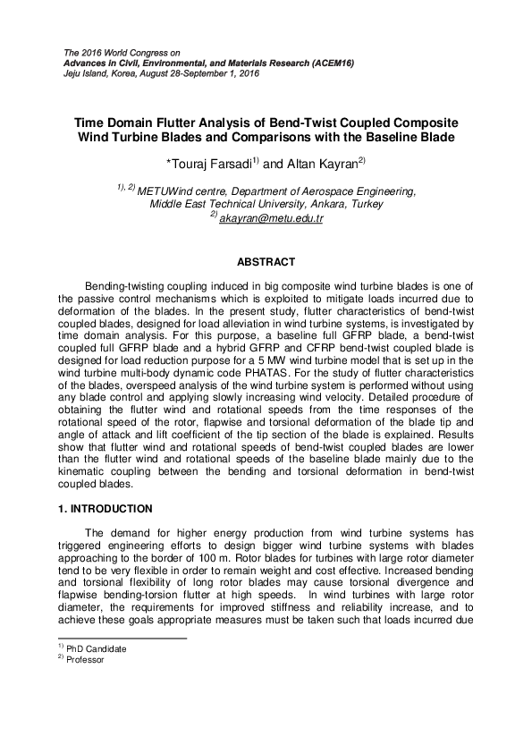 (PDF) Time Domain Flutter Analysis of Bend-Twist Coupled Composite Wind Turbine Blades and ...