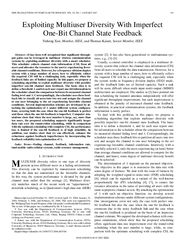 (PDF) Exploiting Multiuser Diversity With Imperfect One-Bit Channel State Feedback