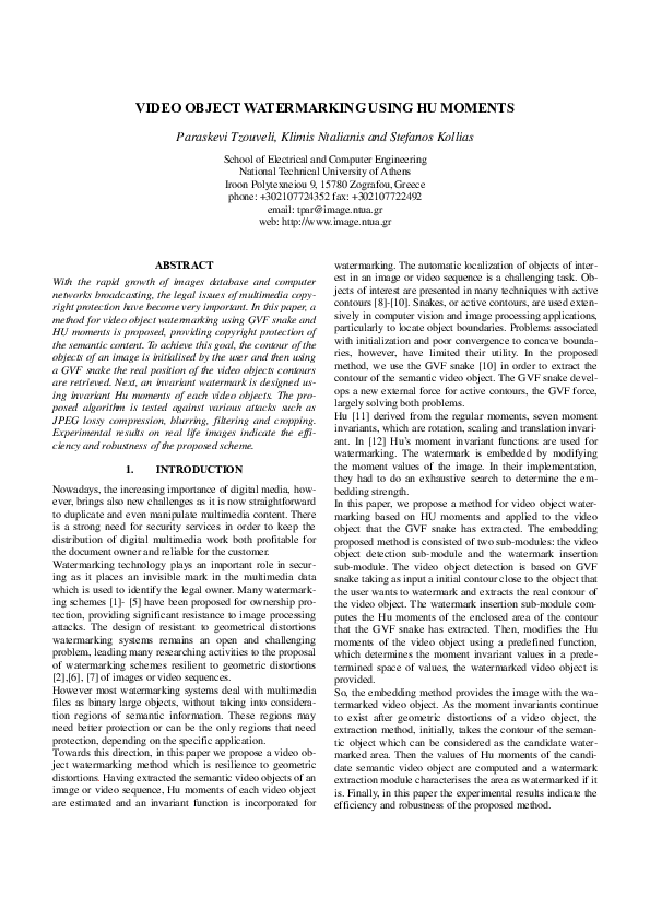 (PDF) Video Object Watermarking Using Hu Moments