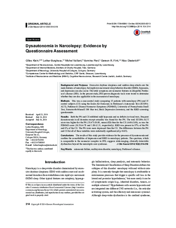 (PDF) Dysautonomia in Narcolepsy: Evidence by Questionnaire Assessment