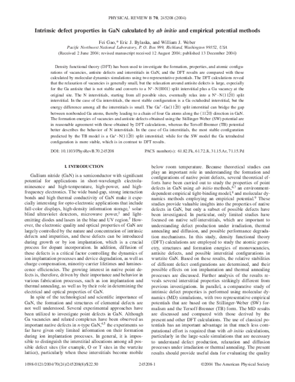 (PDF) Intrinsic Defect Properties in GaN Calculated By Ab Initio and Empirical Potential Methods
