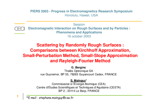 (PDF) Scattering by Randomly Rough Surfaces : Comparisons between Kirchhoff Approximation, Small ...