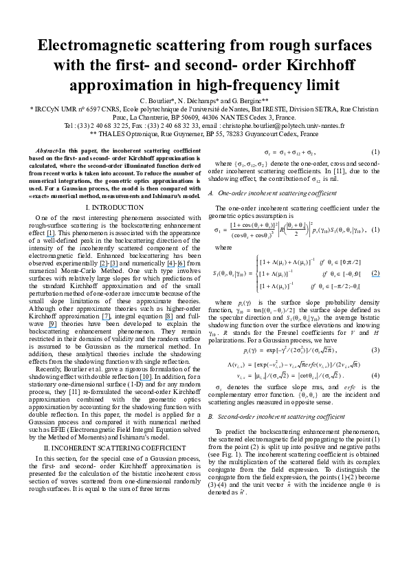 (PDF) Electromagnetic scattering from rough surfaces with the first- and second-order Kirchhoff ...
