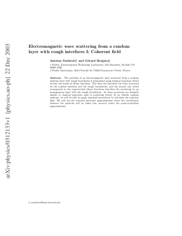 (PDF) Electromagnetic Wave Scattering from a Random Layer with Rough Interfaces I: Multiple ...