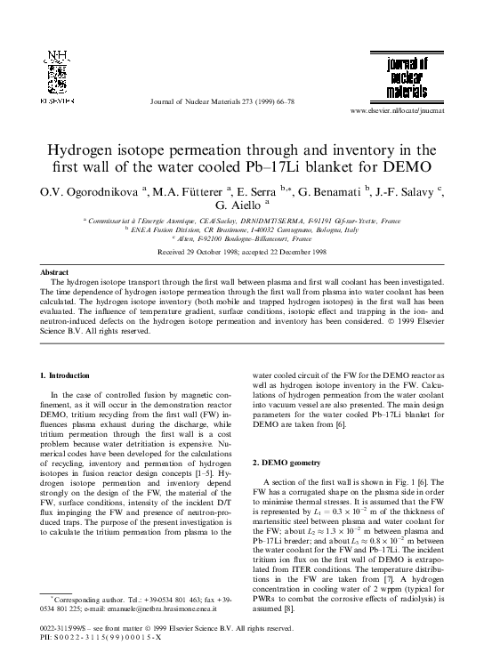 (PDF) Hydrogen isotope permeation through and inventory in the first wall of the water cooled Pb ...