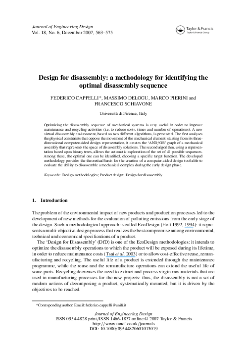 (PDF) Design for disassembly: a methodology for identifying the optimal disassembly sequence