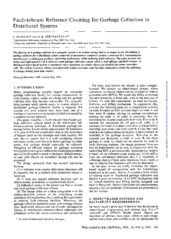 Pdf Fault Tolerant Reference Counting For Garbage Collection In Distributed Systems