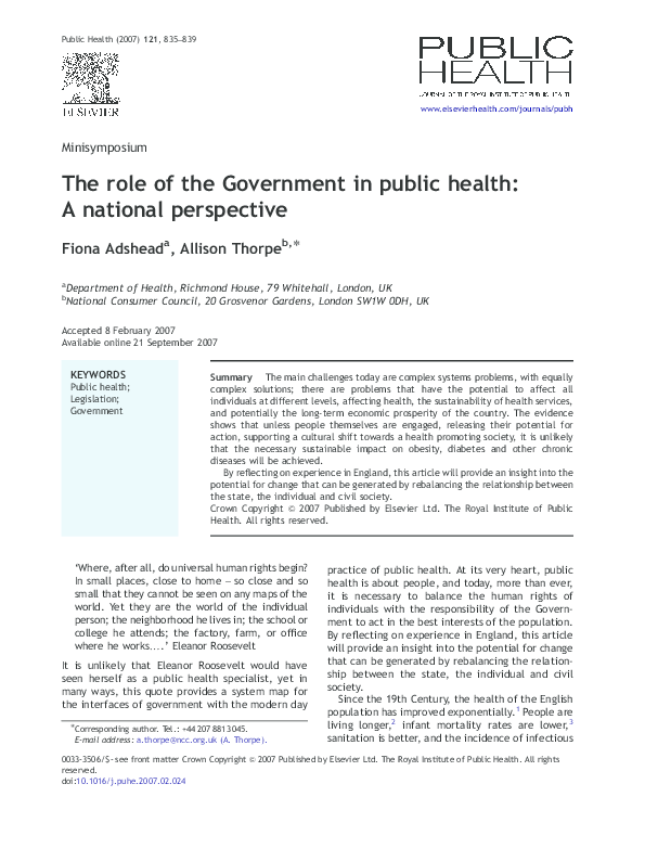 (PDF) The role of the Government in public health: A national perspective