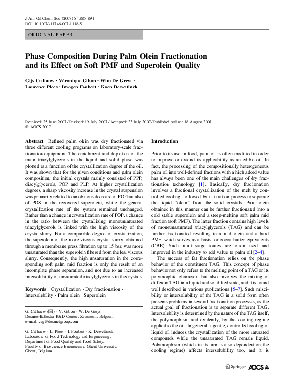 (PDF) Phase Composition During Palm Olein Fractionation and its Effect ...