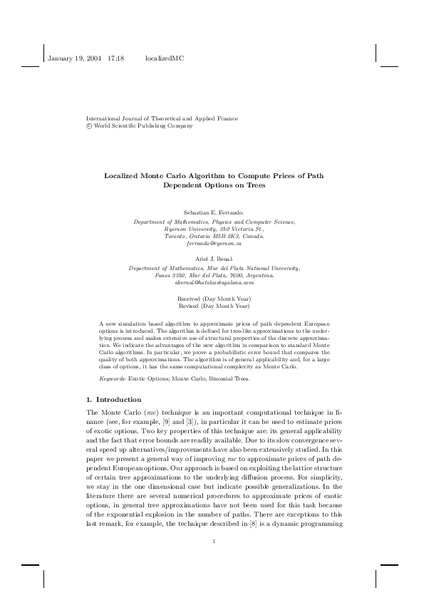 Pdf Localized Monte Carlo Algorithm To Compute Prices Of Path Dependent Options On Trees
