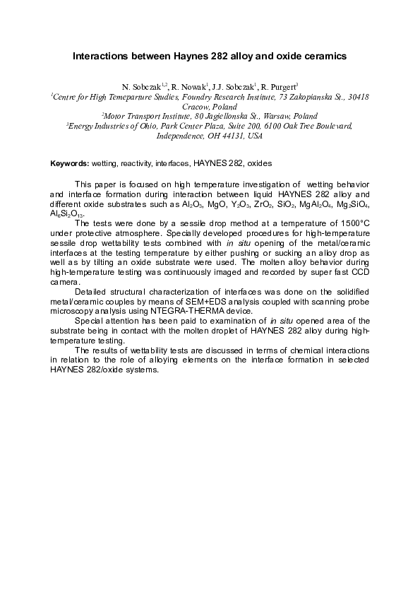 (DOC) Interactions between Haynes 282 alloy and oxide ceramics