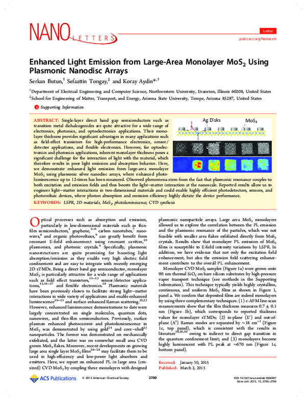 (PDF) Enhanced Light Emission from Large-Area Monolayer MoS 2 Using Plasmonic Nanodisc Arrays