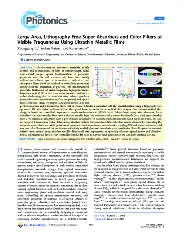 (PDF) Large-Area, Lithography-Free Super Absorbers and Color Filters at ...