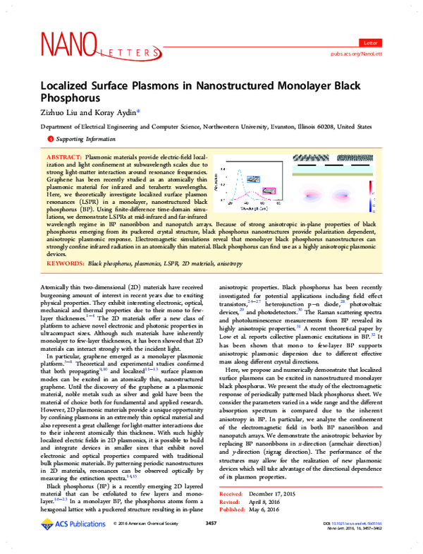 (PDF) Localized Surface Plasmons in Nanostructured Monolayer Black Phosphorus