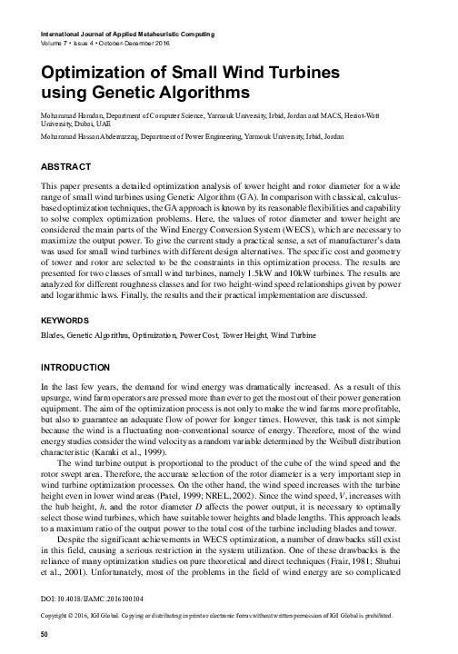 (PDF) Optimization of Small Wind Turbines using Genetic Algorithms