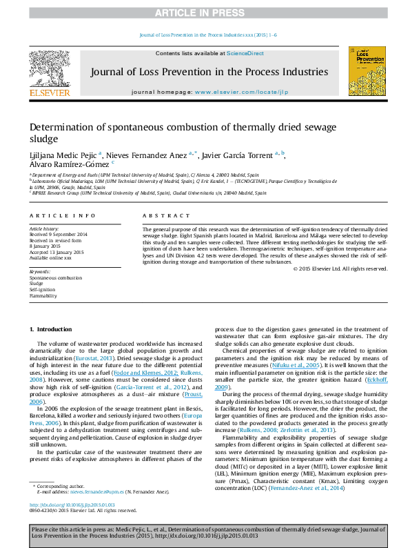 (PDF) Determination of spontaneous combustion of thermally dried sewage sludge