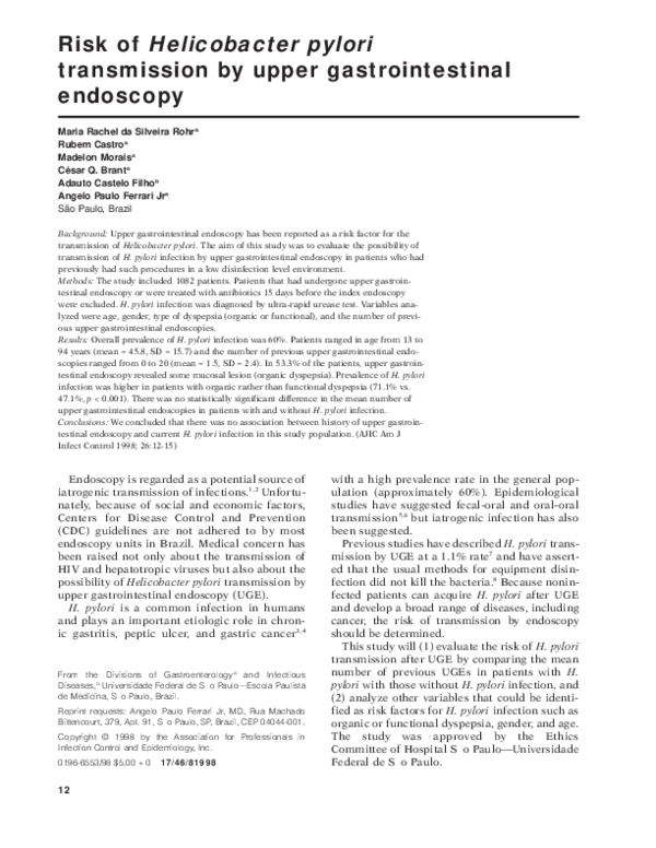 (PDF) Risk of Helicobacter pylori transmission by upper ...