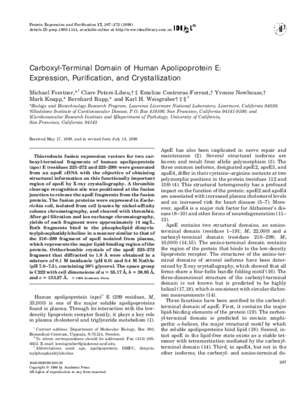 Pdf Carboxyl Terminal Domain Of Human Apolipoprotein E Expression