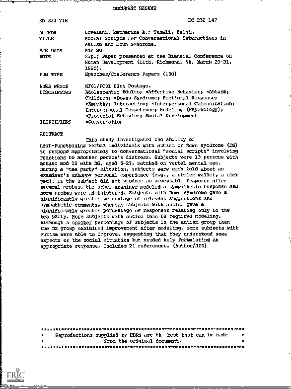 (PDF) Social scripts for conversational interactions in autism and Down ...