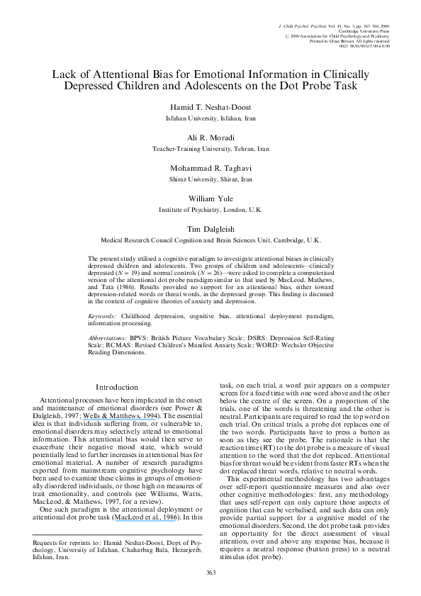 (PDF) Lack of Attentional Bias for Emotional Information in Clinically ...