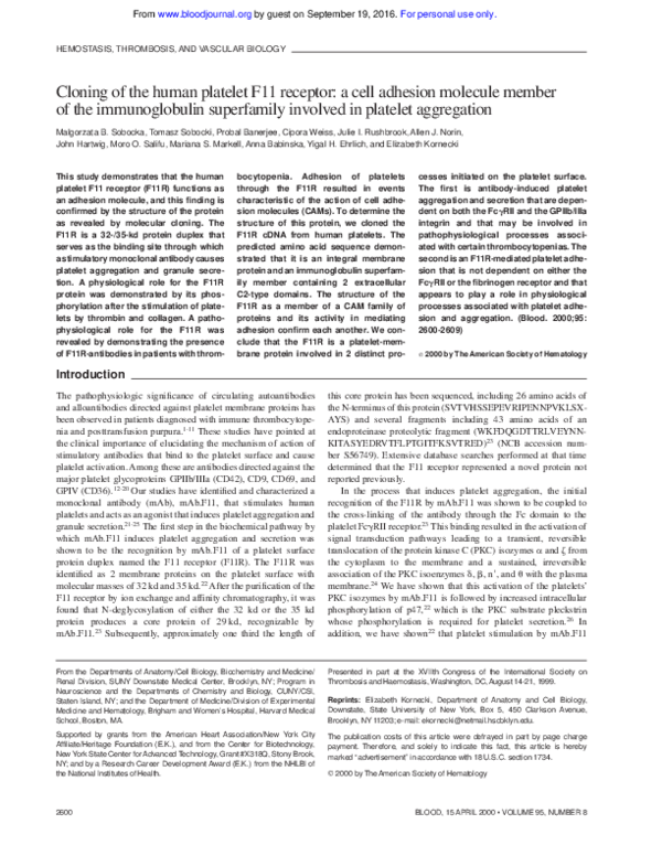 (PDF) Cloning of the human platelet F11 receptor: a cell adhesion ...
