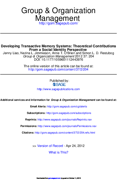 Pdf Developing Transactive Memory Systems Theoretical Contributions From A Social Identity