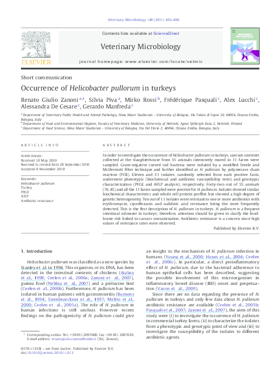 (PDF) Occurrence of Helicobacter pullorum in turkeys