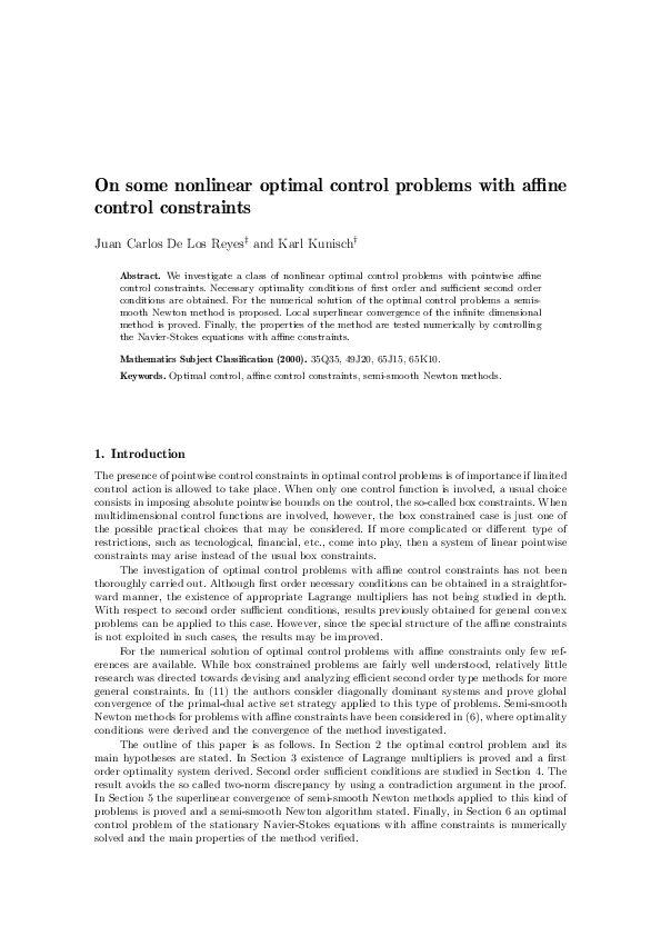 (PDF) On Some Nonlinear Optimal Control Problems with Vector-valued Affine Control Constraints