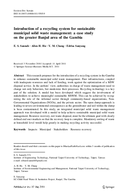 (PDF) Introduction of a recycling system for sustainable municipal ...