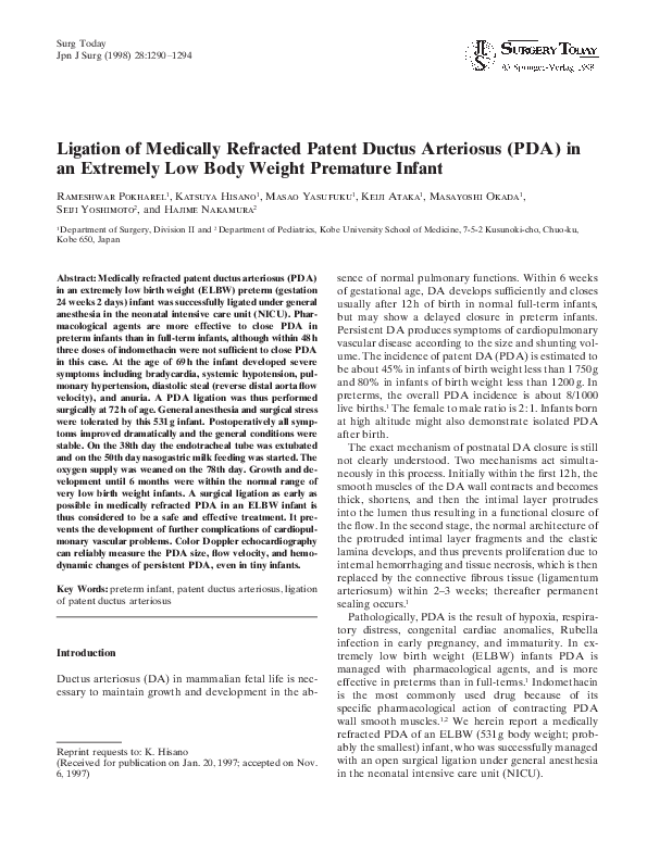 (PDF) Ligation of medically refracted patent ductus arteriosus (PDA) in ...
