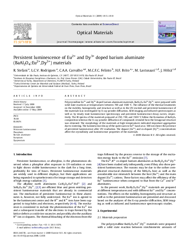 (PDF) Persistent luminescence of Eu 2+ and Dy 3+ doped barium aluminate ...