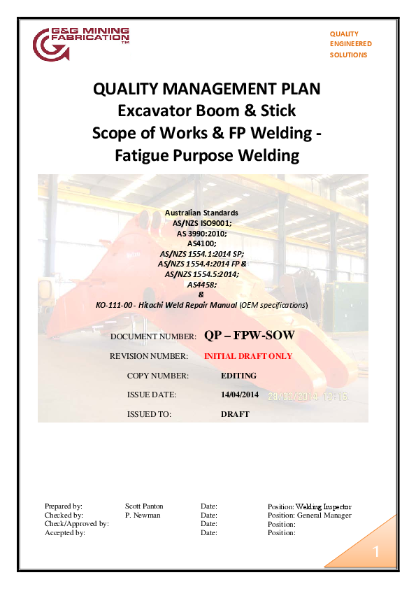 (PDF) QUALITY MANAGEMENT PLAN Excavator Boom & Stick Scope of Works ...