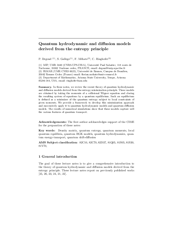 (PDF) Quantum Hydrodynamic and Diffusion Models Derived from the Entropy Principle