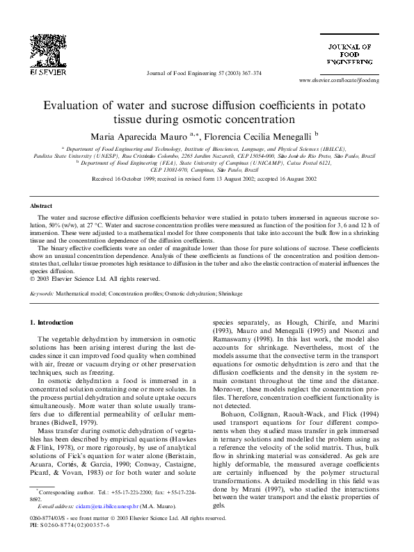 (PDF) Evaluation of water and sucrose diffusion coefficients during osmotic dehydration of ...