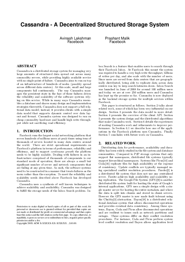 (PDF) Cassandra -A Decentralized Structured Storage System