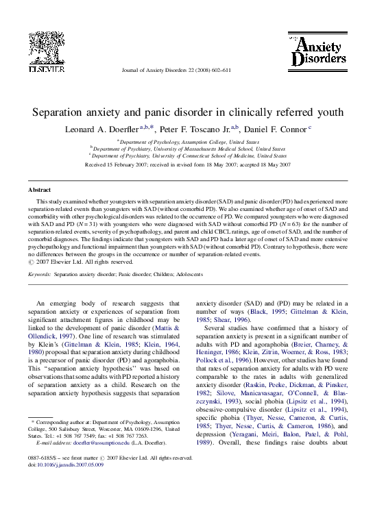 (PDF) Separation anxiety and panic disorder in clinically referred youth