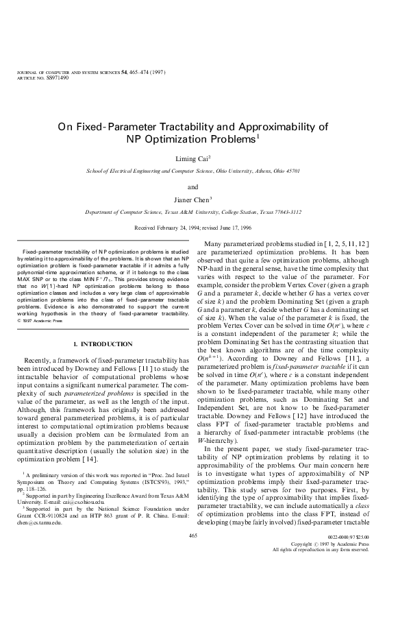 Pdf On Fixed Parameter Tractability And Approximability Of Np Optimization Problems
