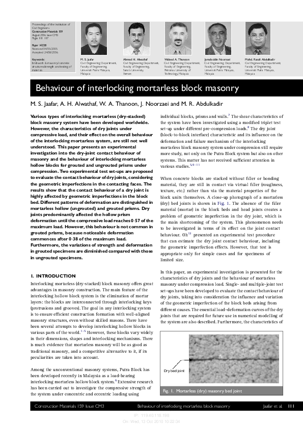 (PDF) Behaviour of interlocking mortarless block masonry