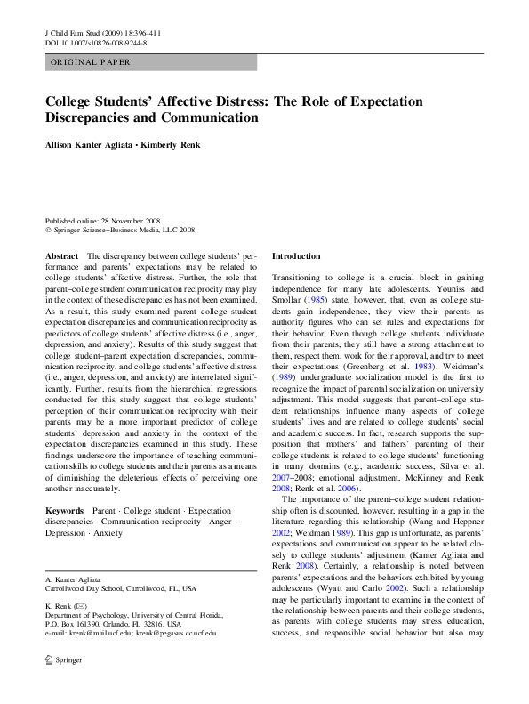 (PDF) College Students’ Affective Distress: The Role of Expectation ...