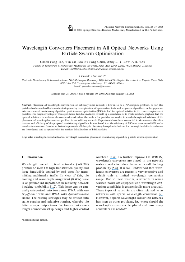 Pdf Wavelength Converters Placement In All Optical Networks Using Particle Swarm Optimization