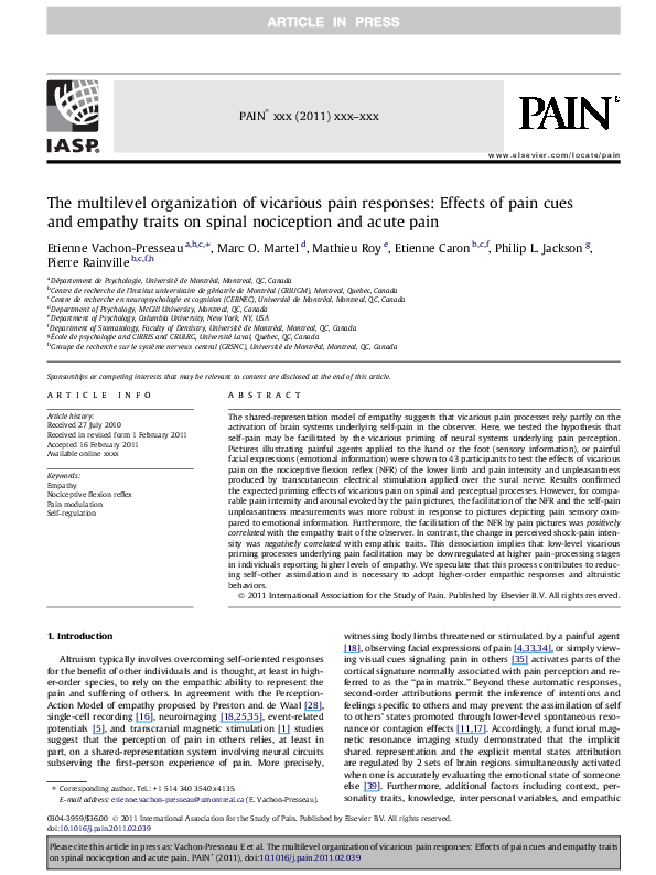 (PDF) The multilevel organization of vicarious pain responses: Effects ...