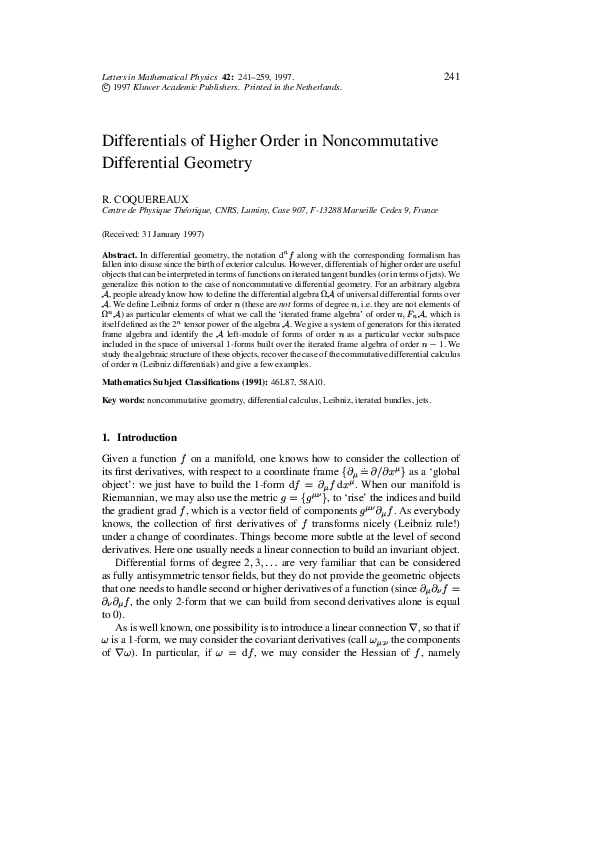(PDF) Differentials of Higher Order in Noncommutative Differential Geometry