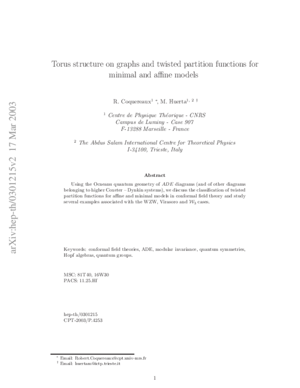 (PDF) Torus structure on graphs and twisted partition functions for minimal and affine models