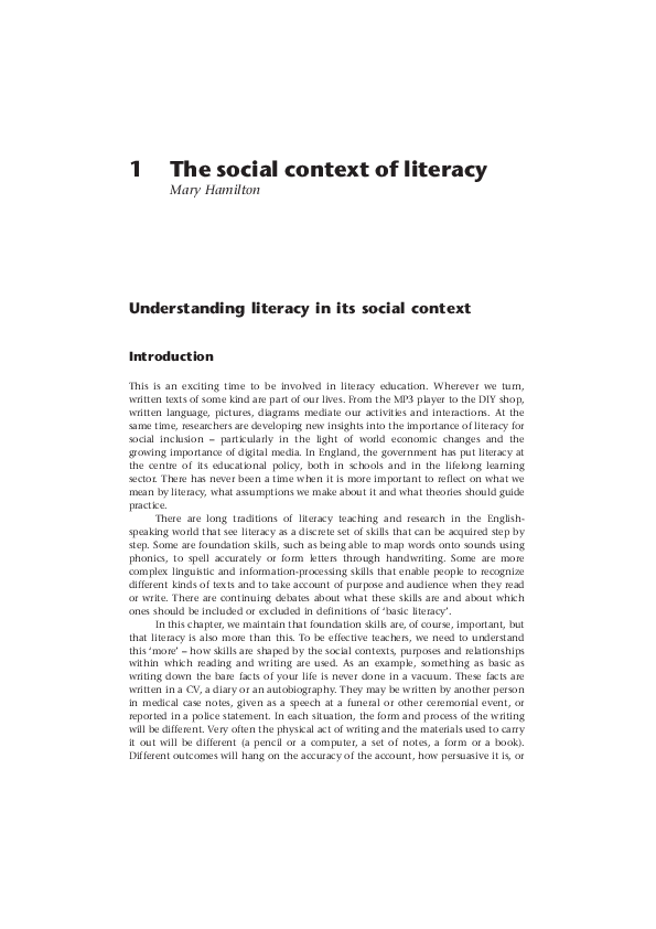 (PDF) The social context of literacy Understanding literacy in its ...