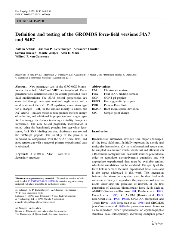 (PDF) Definition and testing of the GROMOS force-field versions 54A7 ...