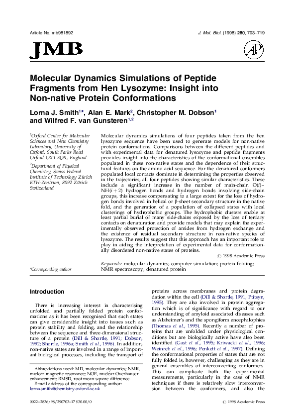 (PDF) Molecular dynamics simulations of peptide fragments from hen ...