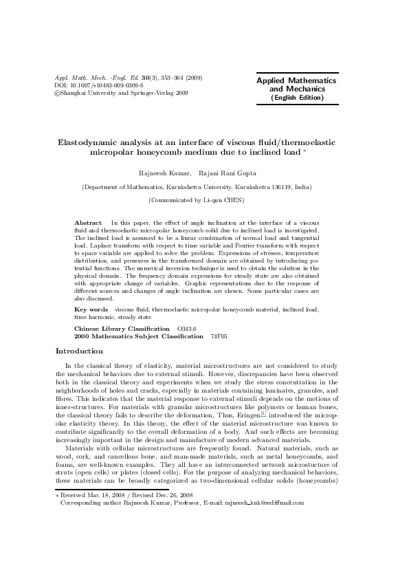 Pdf Elastodynamic Analysis At An Interface Of Viscous Fluid Thermoelastic Micropolar Honeycomb