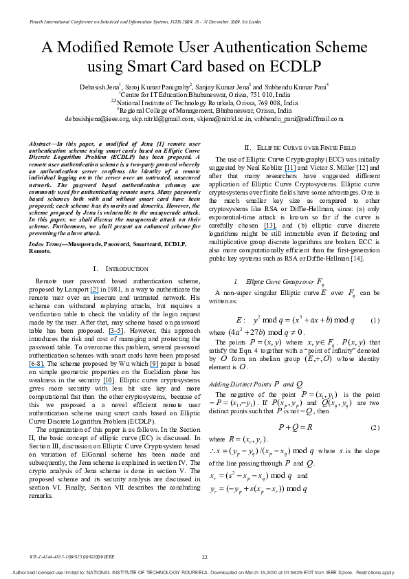 Pdf A Modified Remote User Authentication Scheme Using Smart Card Based On Ecdlp