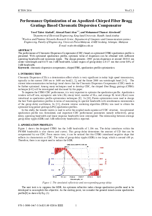 Pdf Performance Optimization Of An Apodized Chirped Fiber Bragg Gratings Based Chromatic